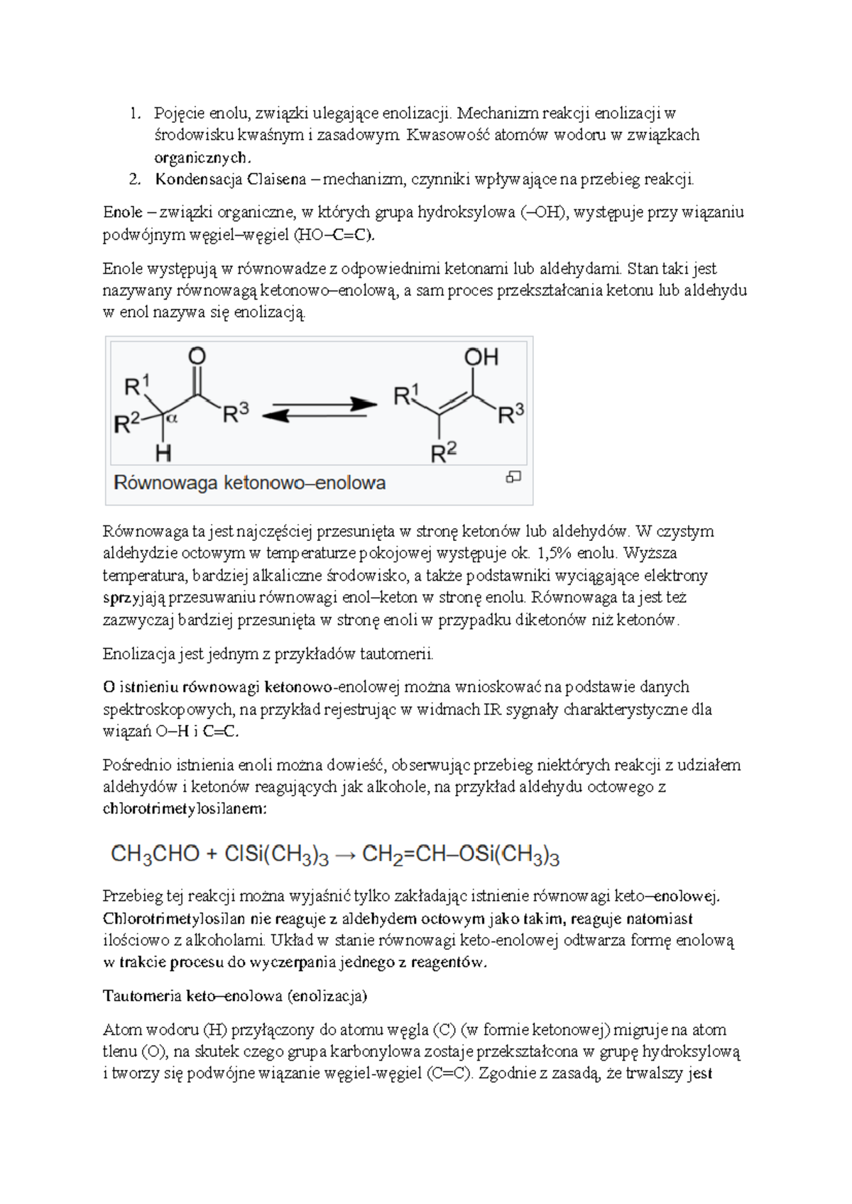 Enole i kondensacja Claisena: Mechanizmy, procesy i zastosowania - Studocu