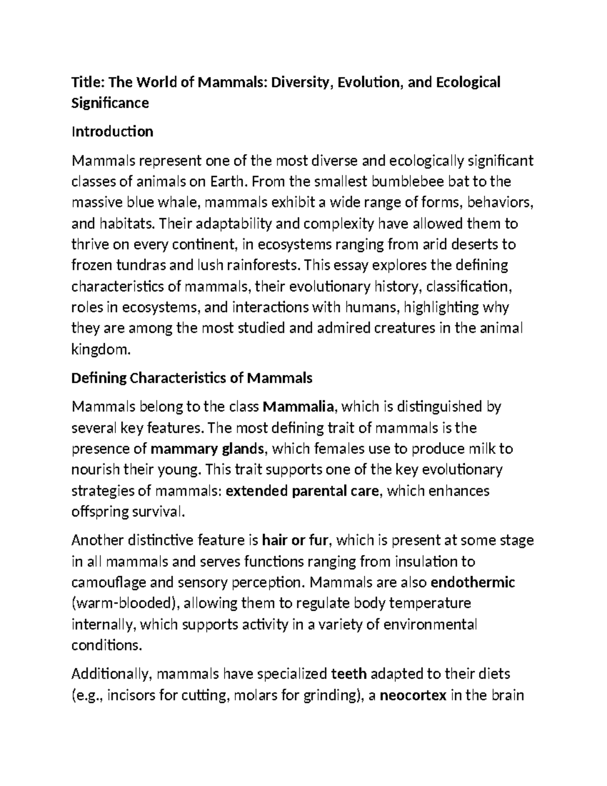 Mammals: Diversity, evolution, and ecological significance essay notes ...