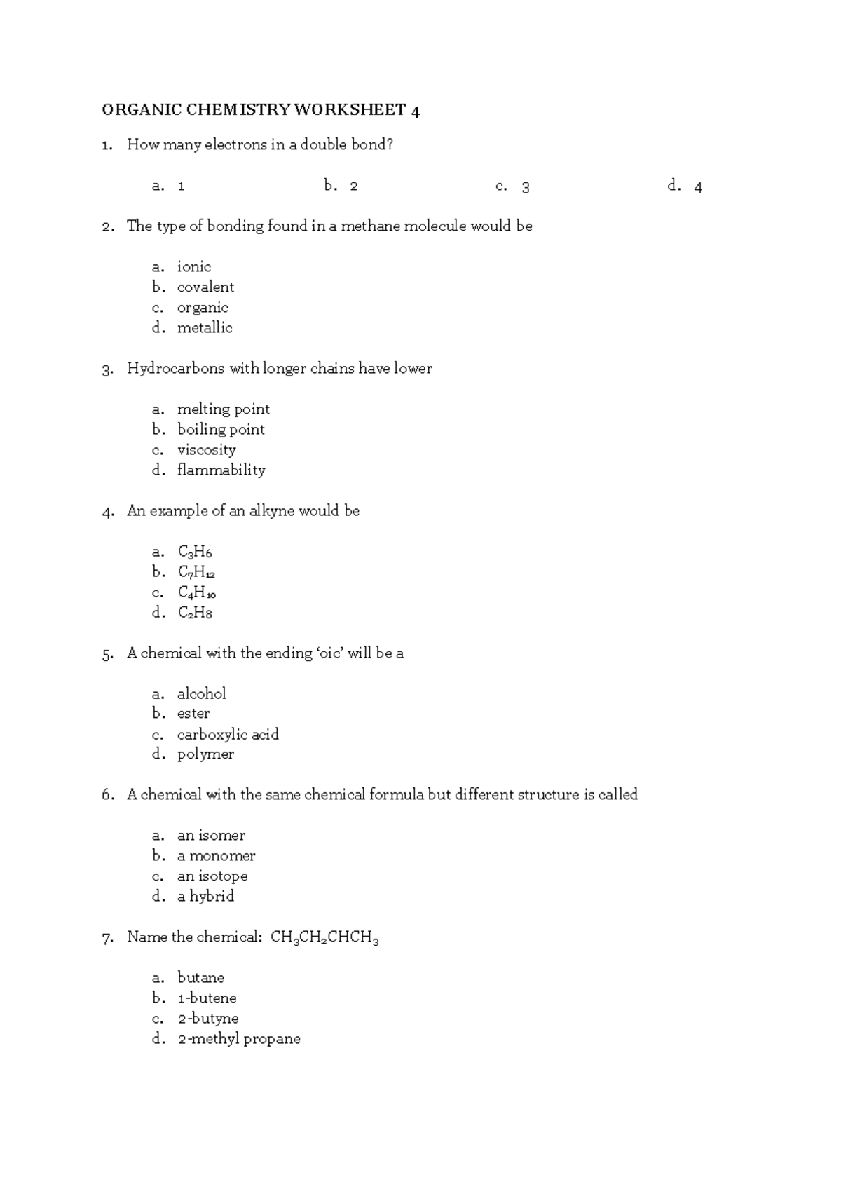 Organic Chemistry Worksheet 4: Key Concepts and Questions - Studocu