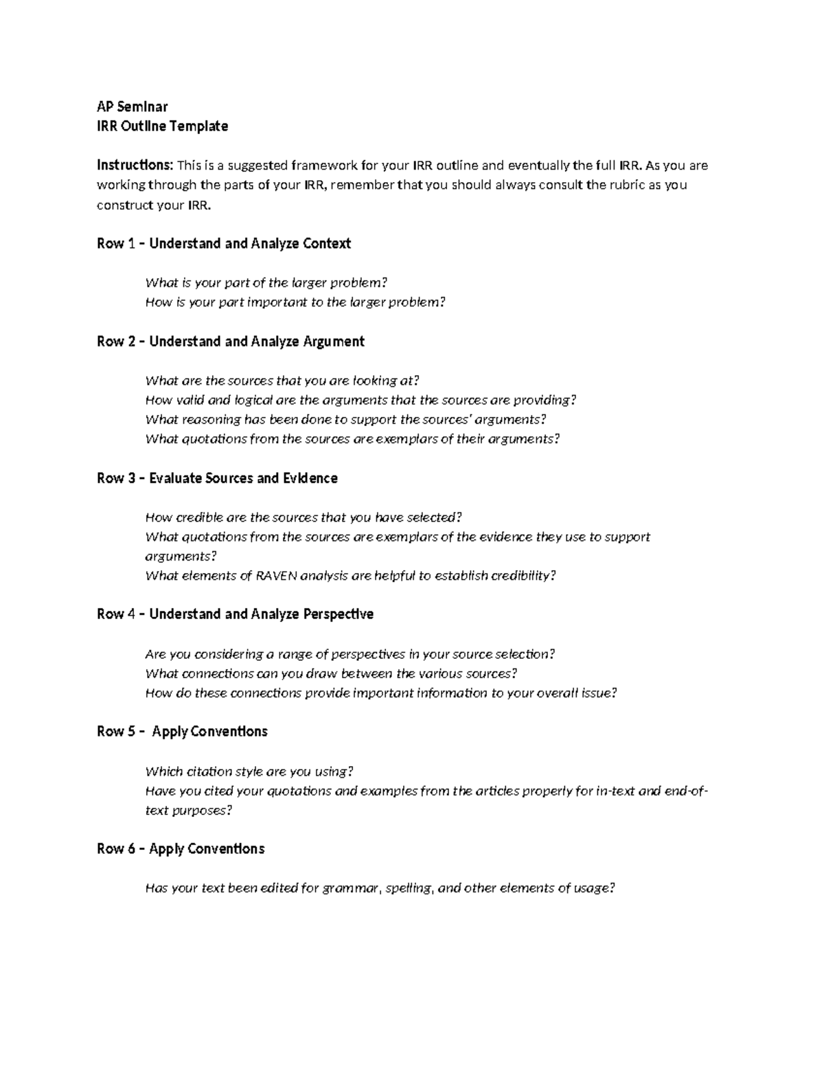 AP Seminar IRR Planning Outline Template Guidelines - Studocu