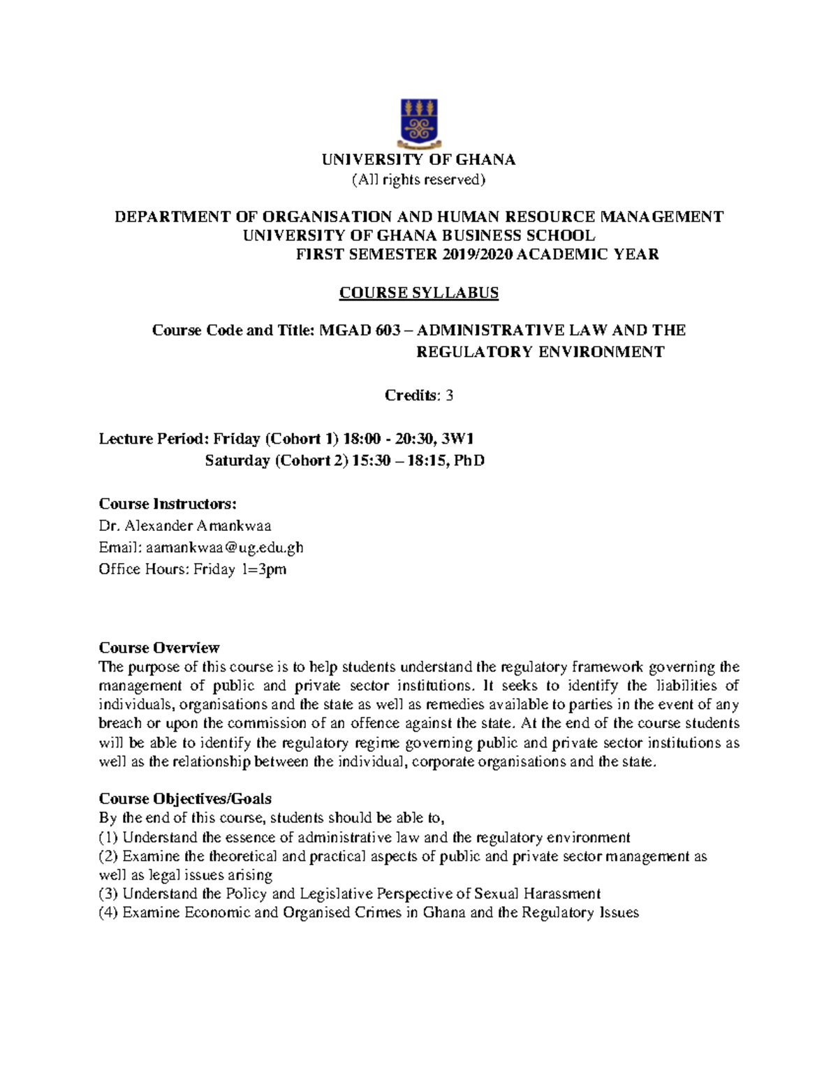 MGAD 603 - Administrative Law Course Outline and Syllabus - Studocu