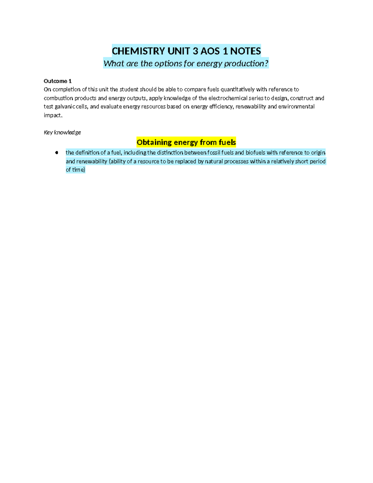 CHEM Unit 3 AOS 1: Energy Production and Fuel Comparison Notes - Studocu