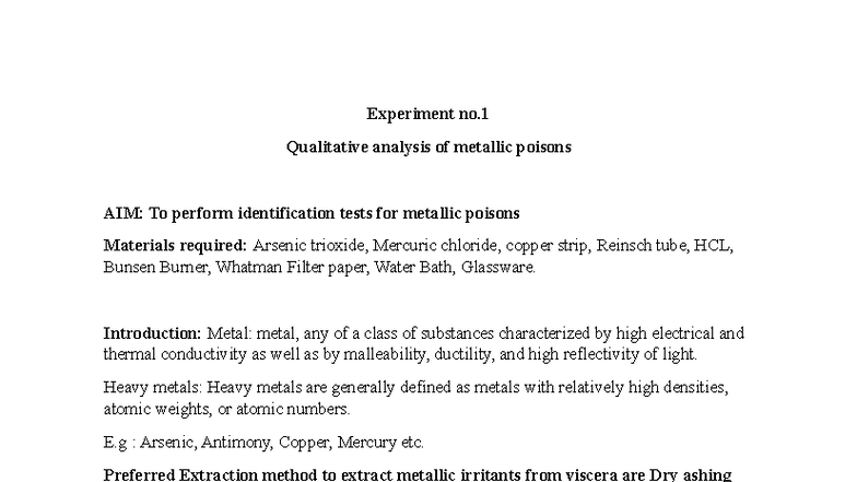 Experiment No. 1: Qualitative Analysis of Metallic Poisons in Forensic ...