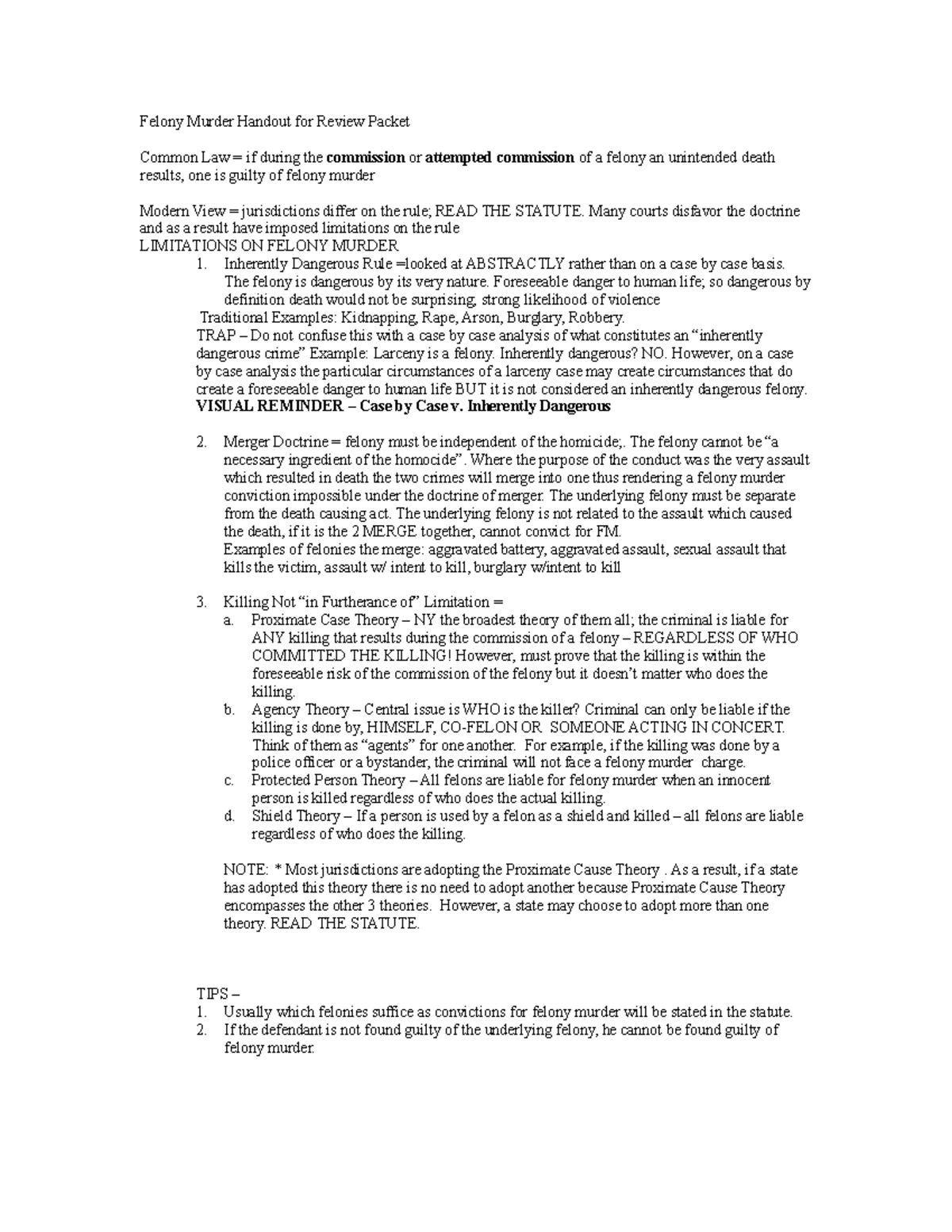 Felony Murder Law Overview: Key Limitations and Theories (2019) - Studocu