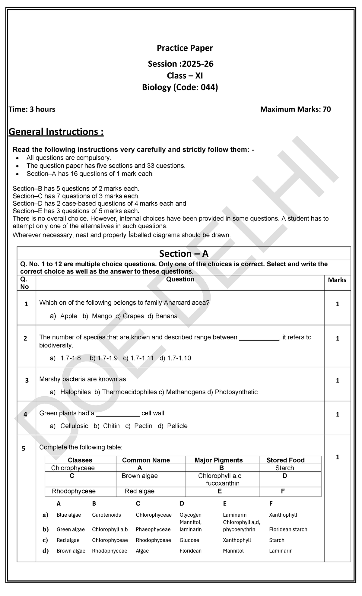 Class XI Biology Practice Paper 2025 (Code: 044) - Studocu