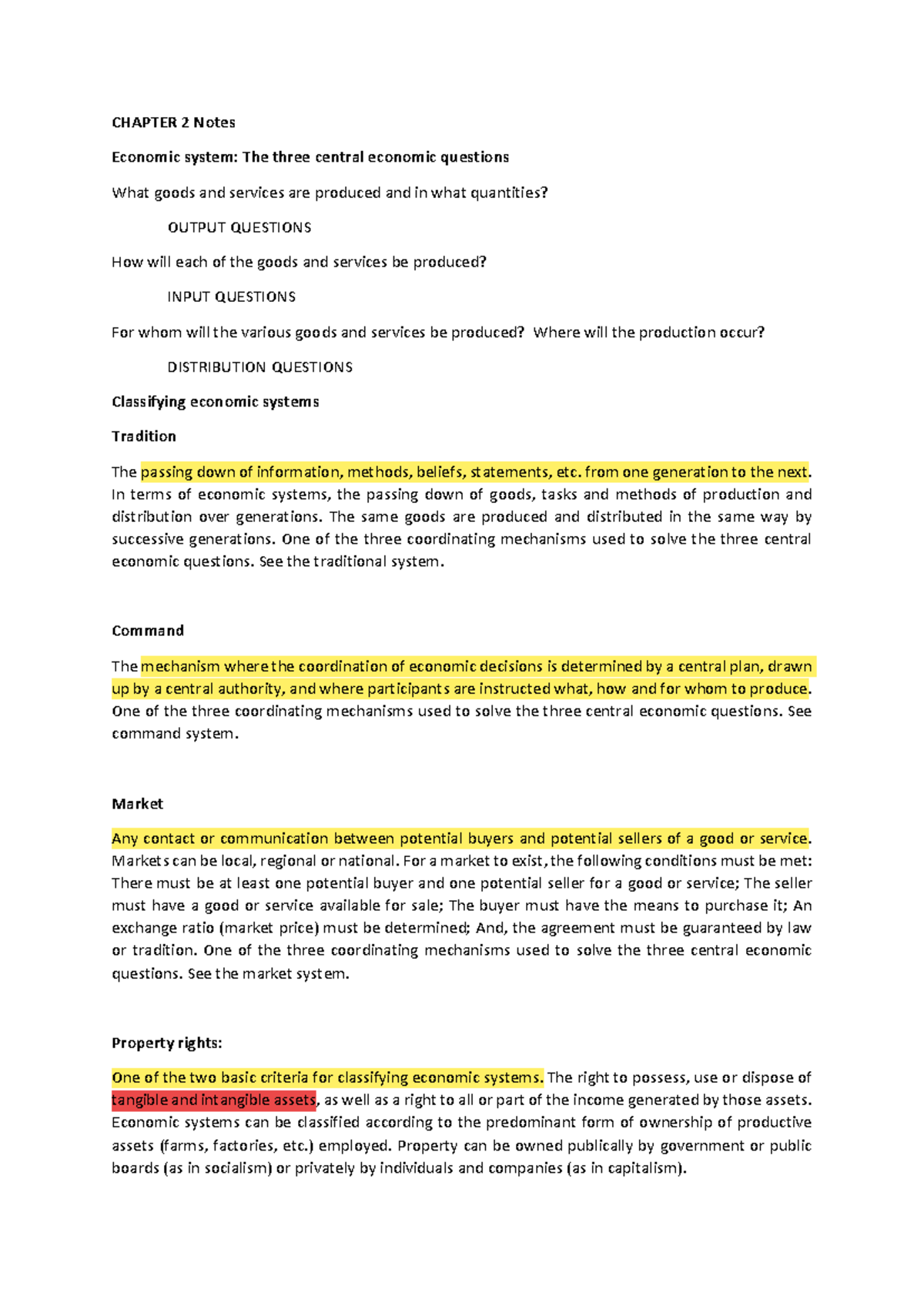 Chapter 2 Notes: Economic Systems and Central Questions - Studocu