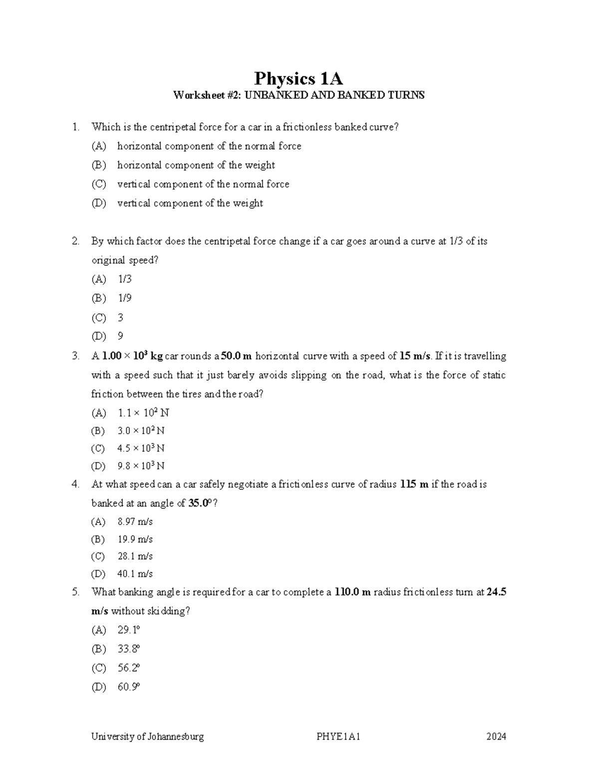 PHYE1A1 Worksheet #2: Unbanked and Banked Turns - Studocu