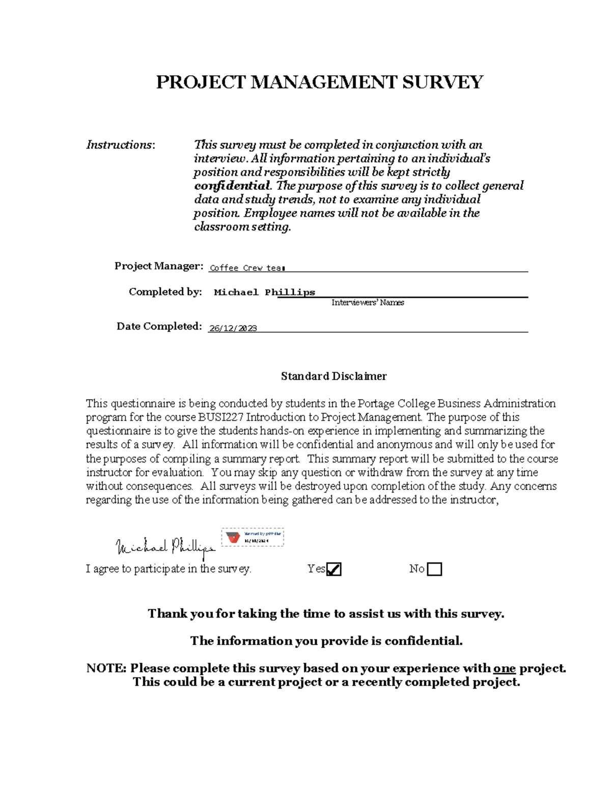 Questionnaire 2 - Business assignment - PROJECT MANAGEMENT SURVEY ...