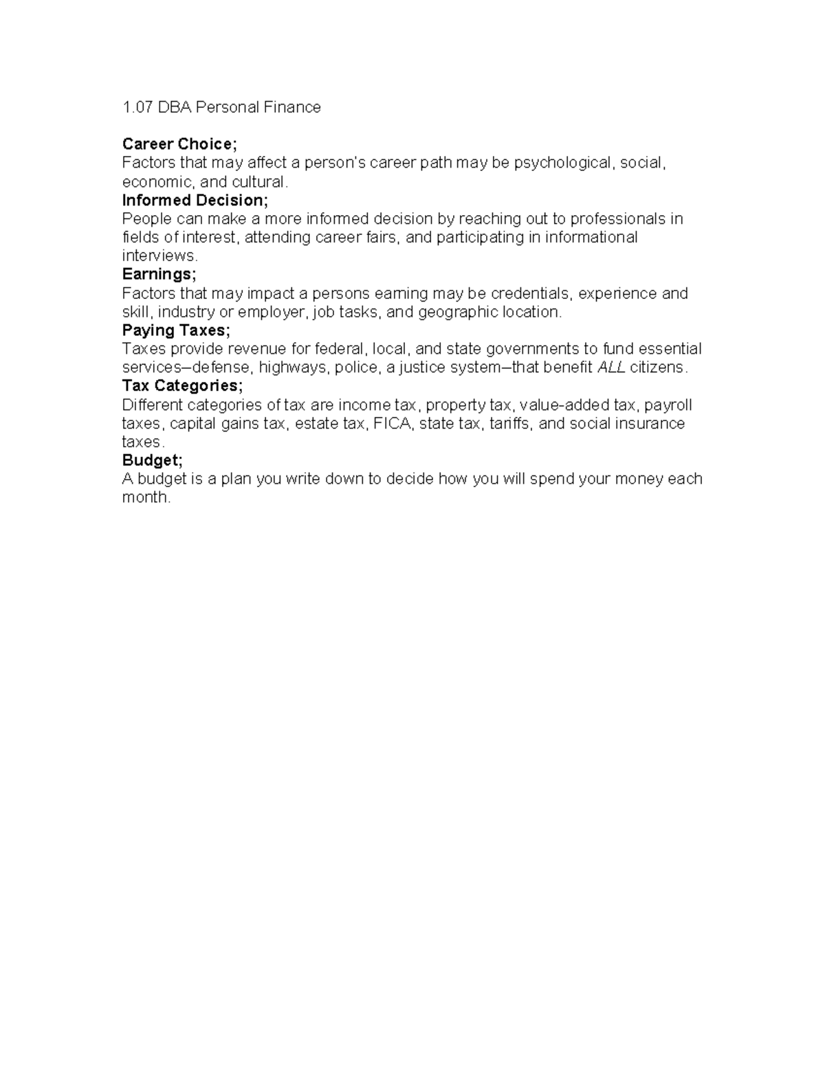 1.07 DBA Personal Finance Study Guide: Career Choices and Budgeting ...