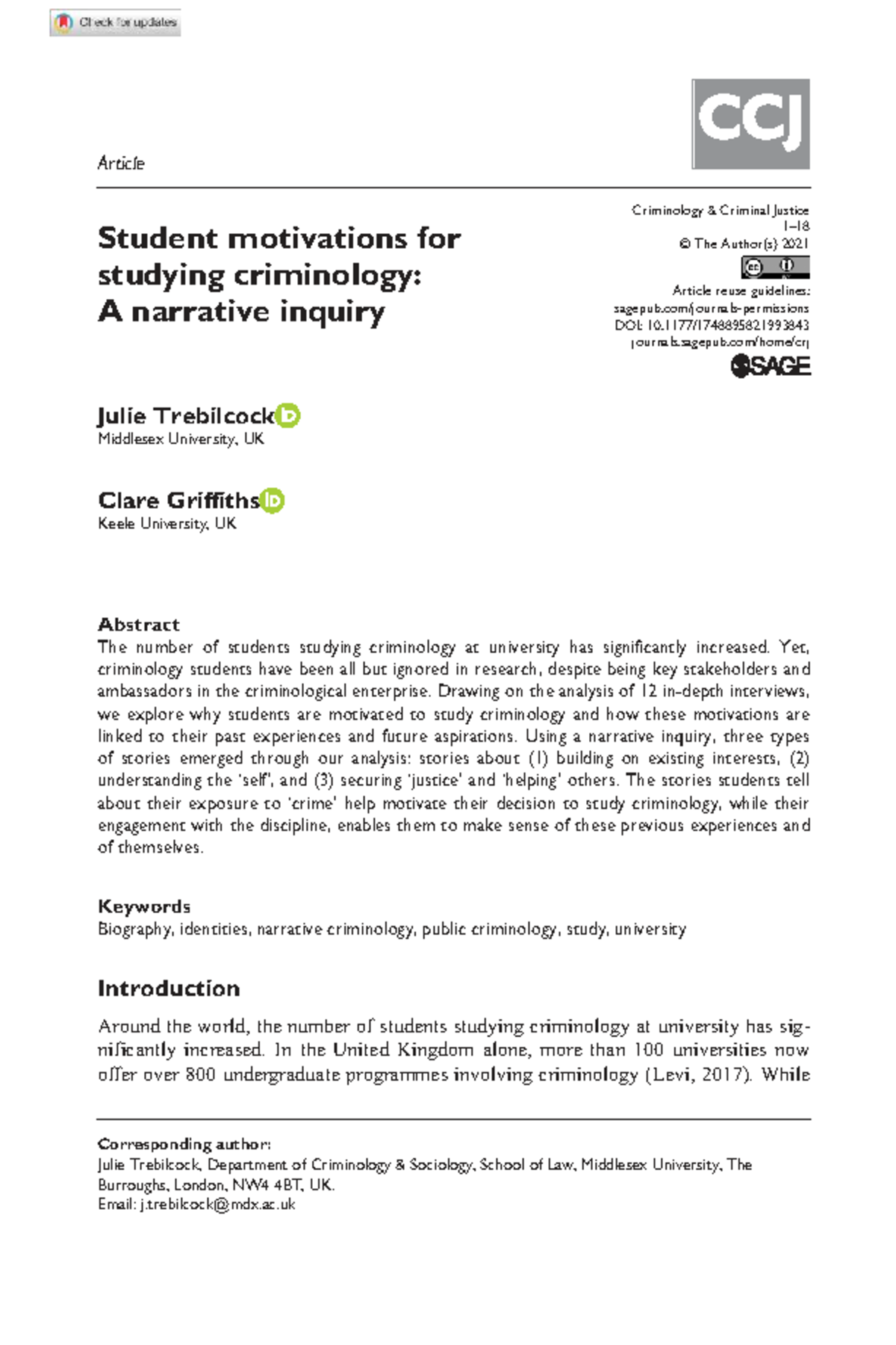 Student Motivations for Studying Criminology: A Narrative Inquiry ...