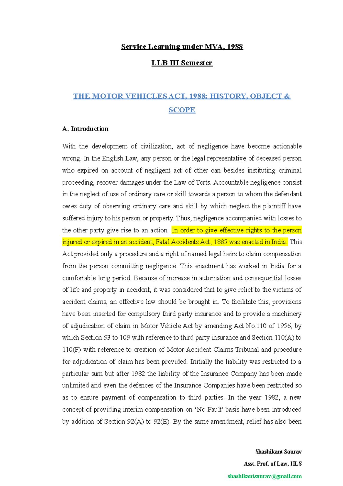 MVA 1988 - Overview of The Motor Vehicles Act: History & Impact - Studocu