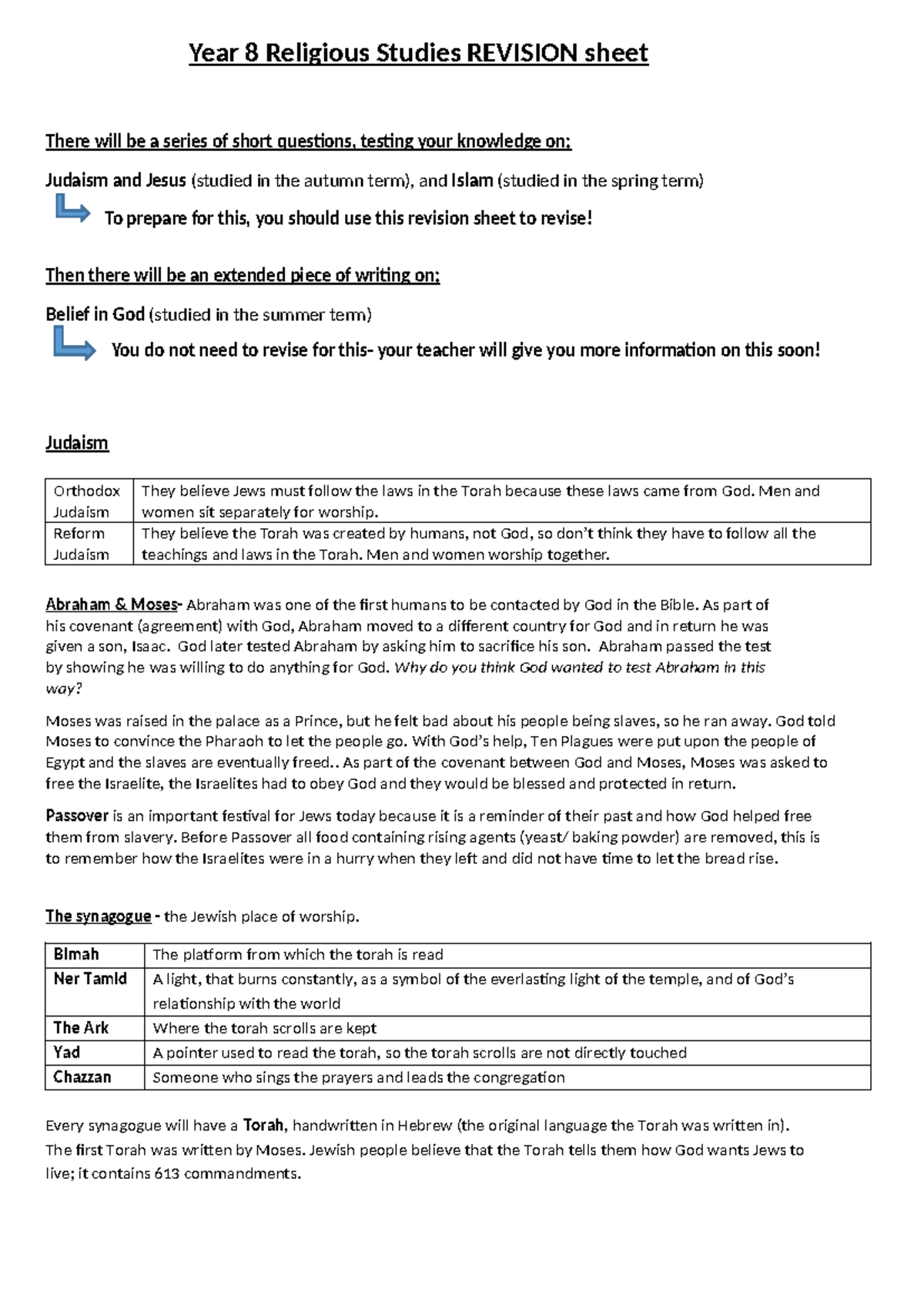 Year 8 Religious Studies Revision Sheet for Exam on 9th June - Studocu