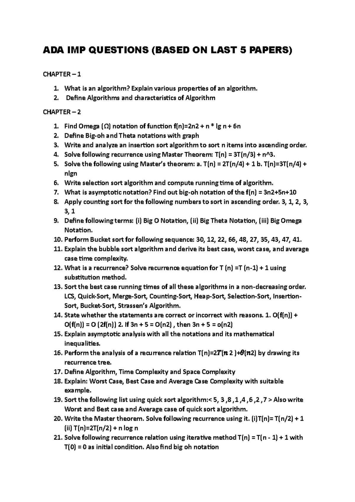 ADA IMP Questions and Key Concepts (Based on Last 5 Papers) - Studocu