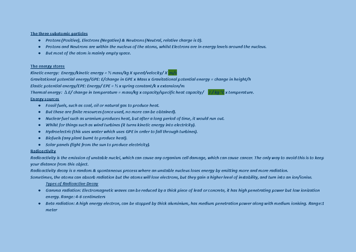 Science Revision Notes: Subatomic Particles, Energy, and Waves - Studocu