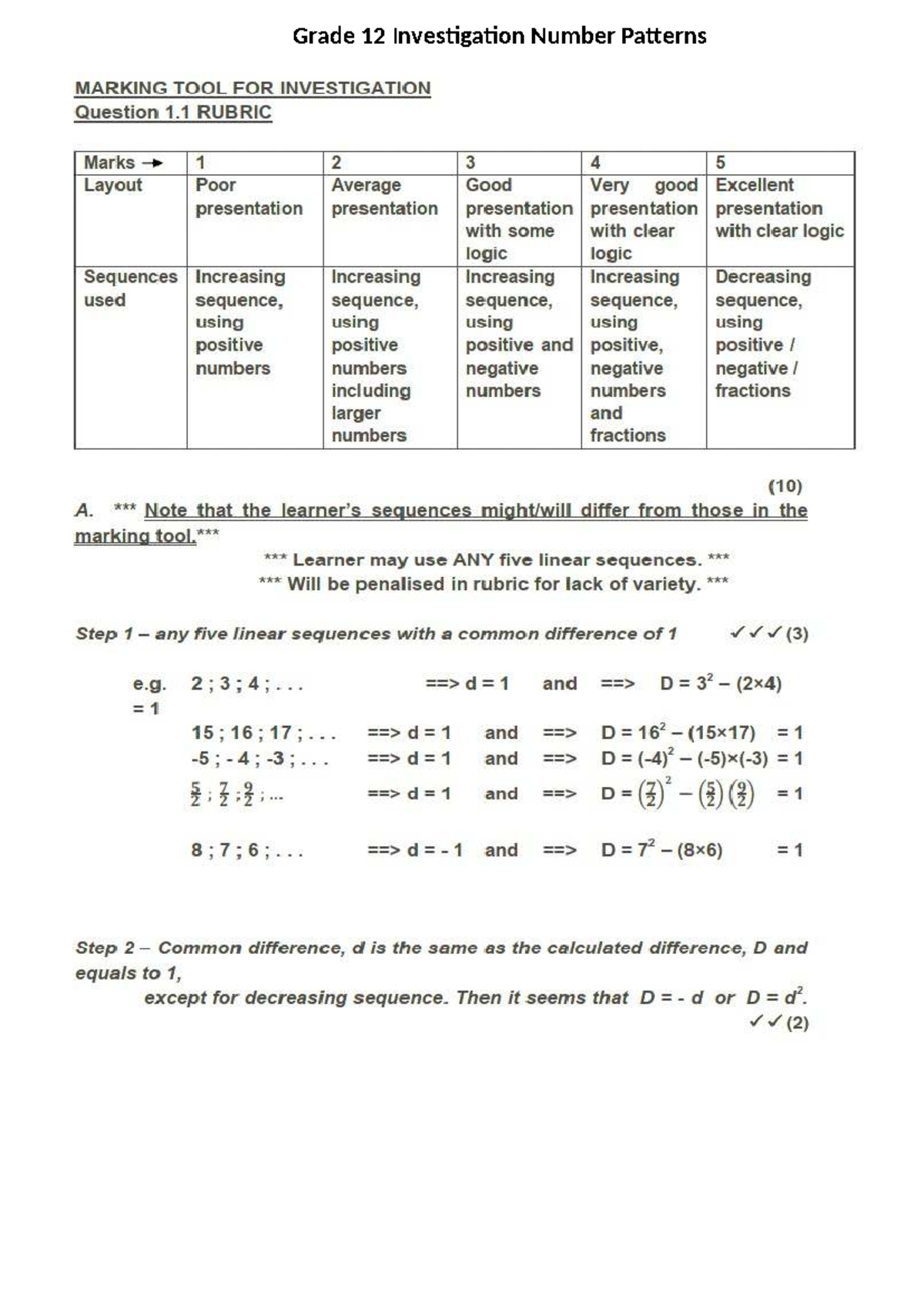 Gr 12 DBE Investigation Number Patterns Marking Tool & Memo - Studocu