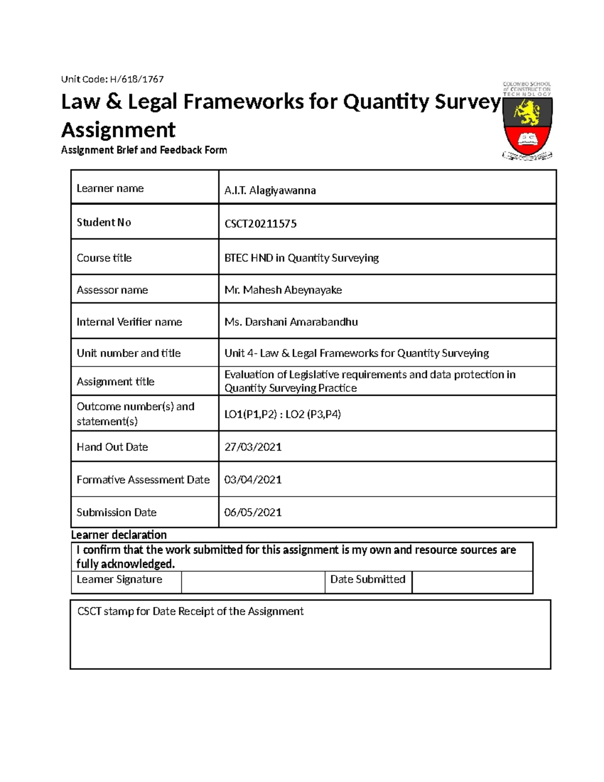 Evaluation of Legislative Requirements in QS Practice (QS) - S1 2021 ...