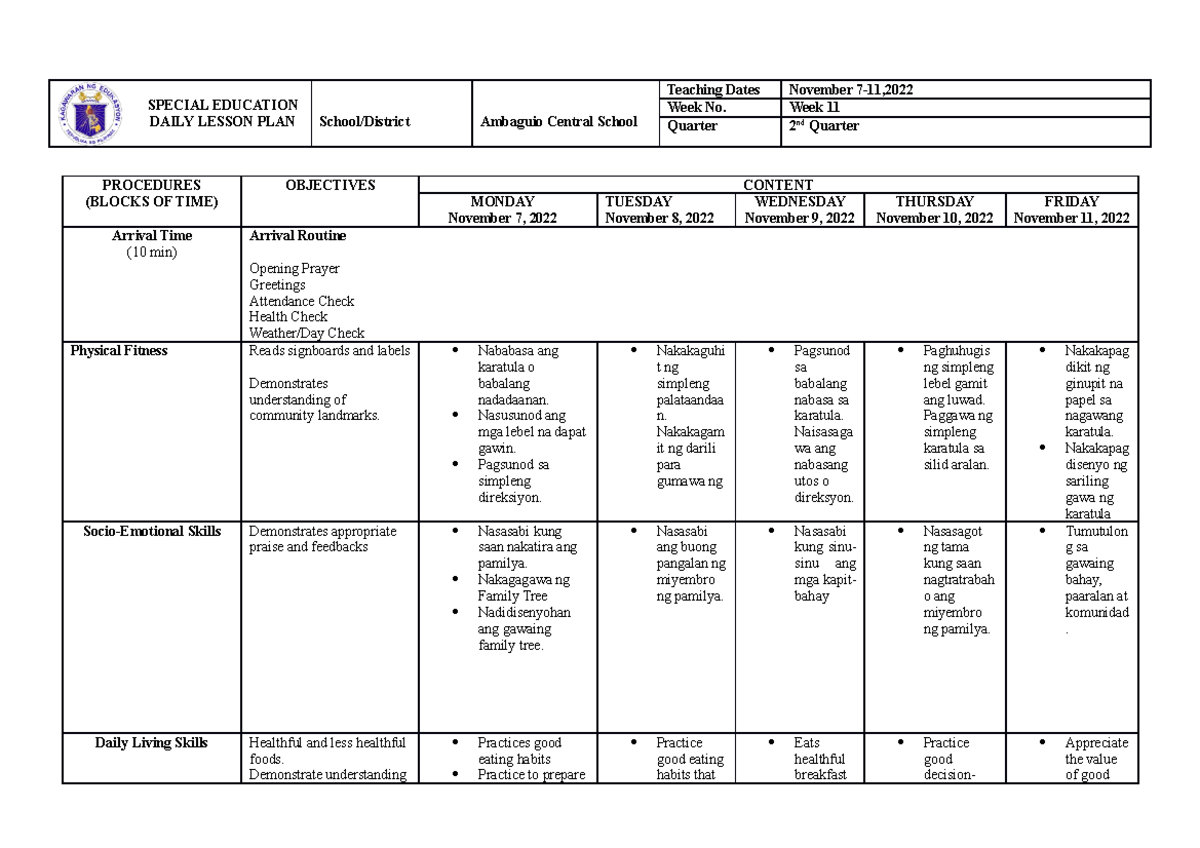 DLL-Week 7 NEW Format-1 - SPECIAL EDUCATION DAILY LESSON PLAN School ...
