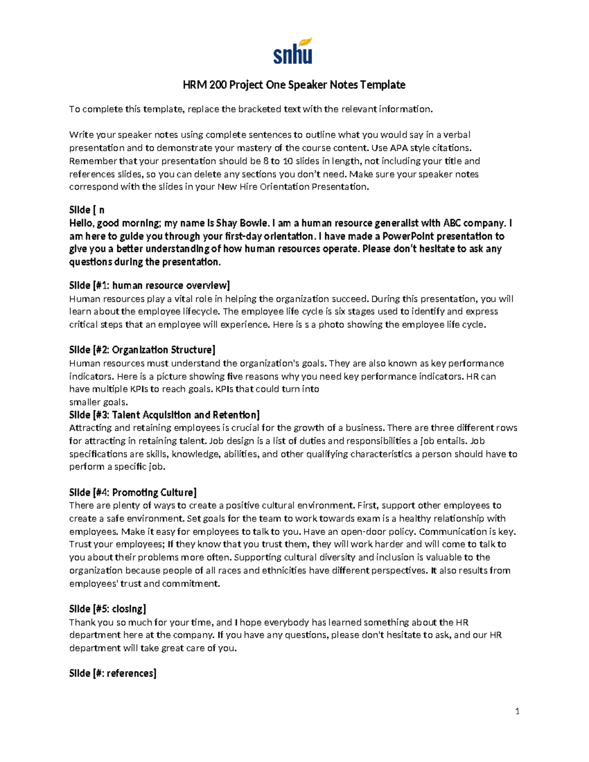 HRM 200 Project One Presentation Speaker Notes Template - Studocu