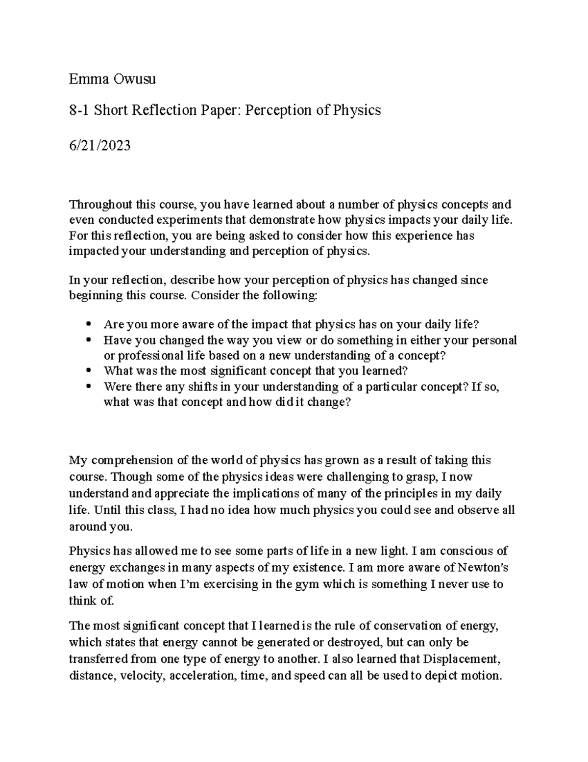 8-1 Reflection Paper: Changing Perceptions of Physics Concepts - Studocu