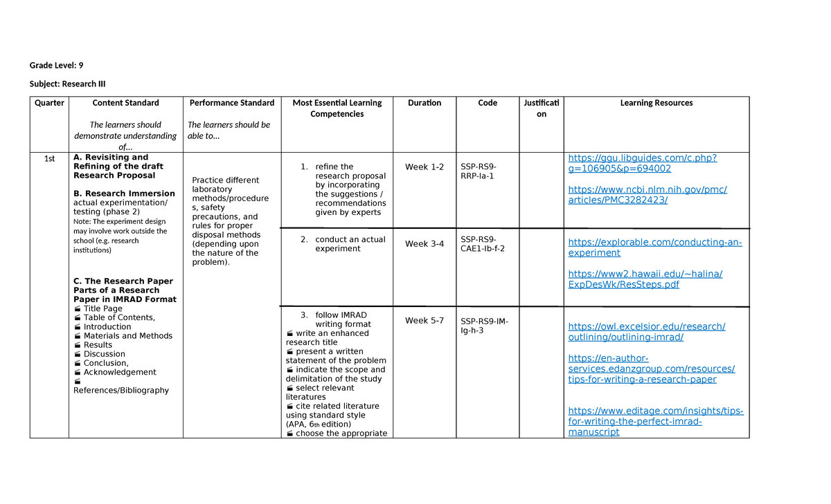 Grade 9 Research III: MELCs for Experimentation and Data Analysis - Studocu