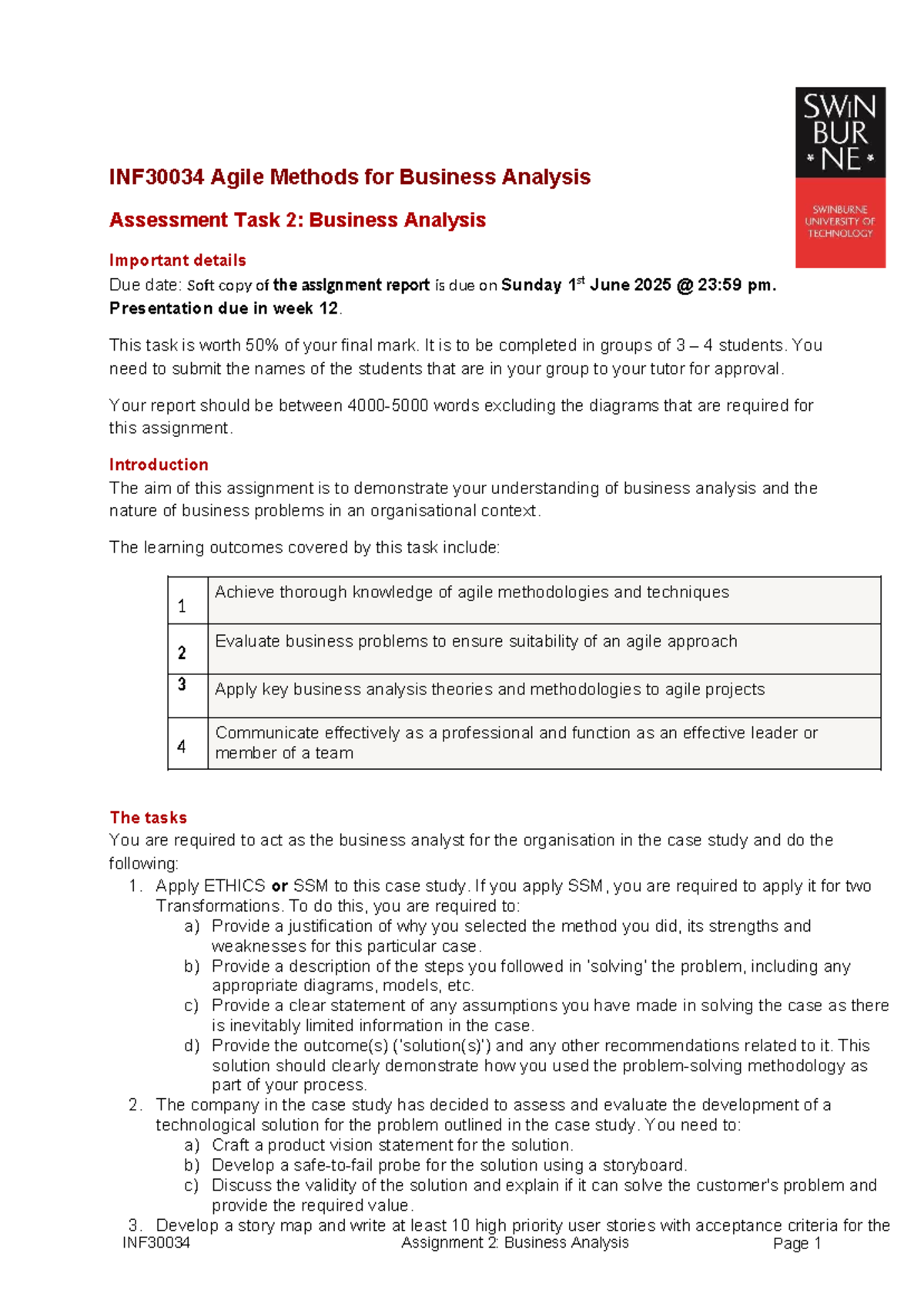 INF30034 Business Analysis Assessment Task 2: Agile Methods Overview ...