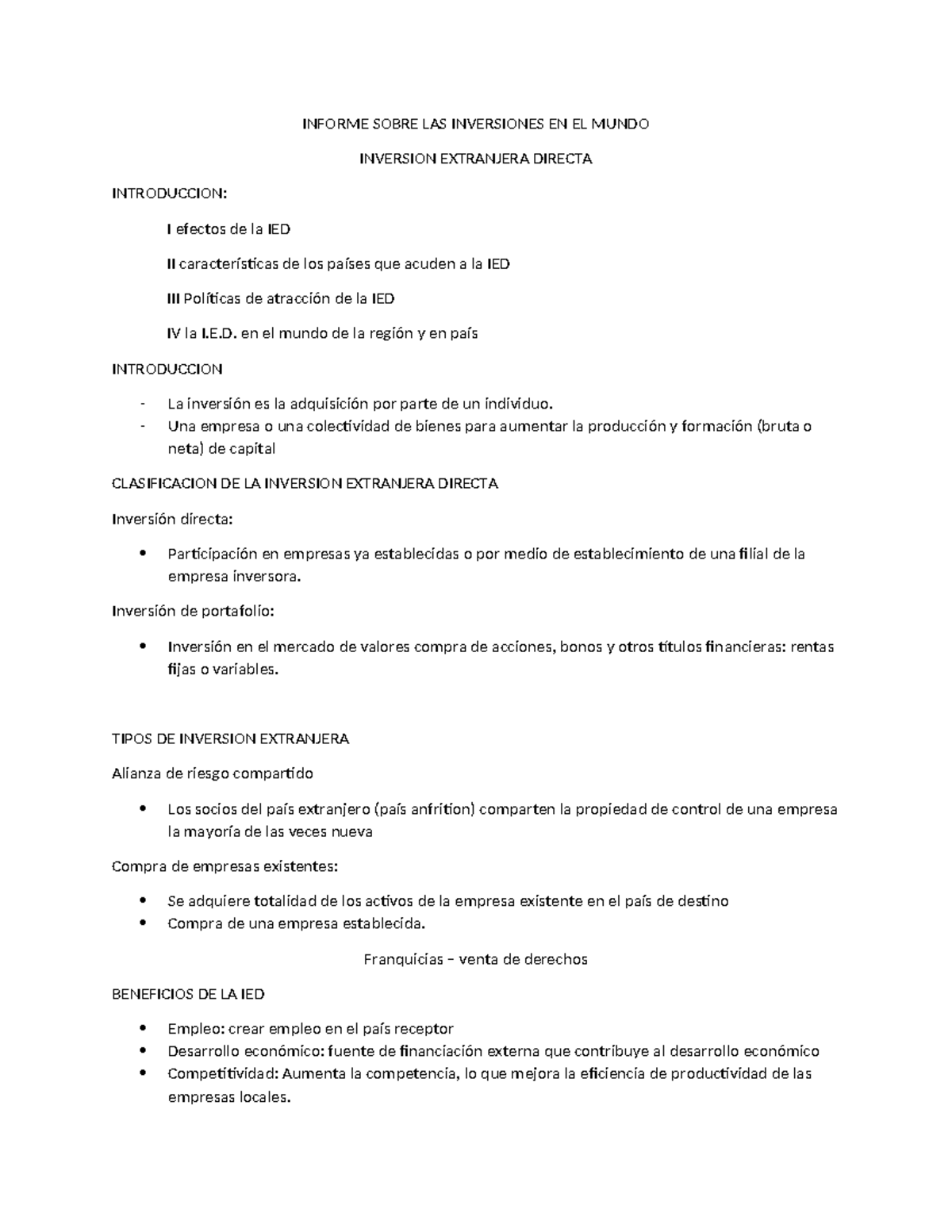 Informe sobre Inversión Extranjera Directa (IED) y sus Efectos - Studocu