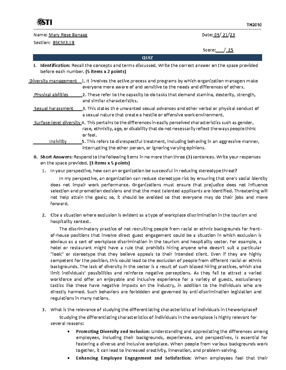 02 Quiz 1 on Multicultural Workplace Diversity - Studocu