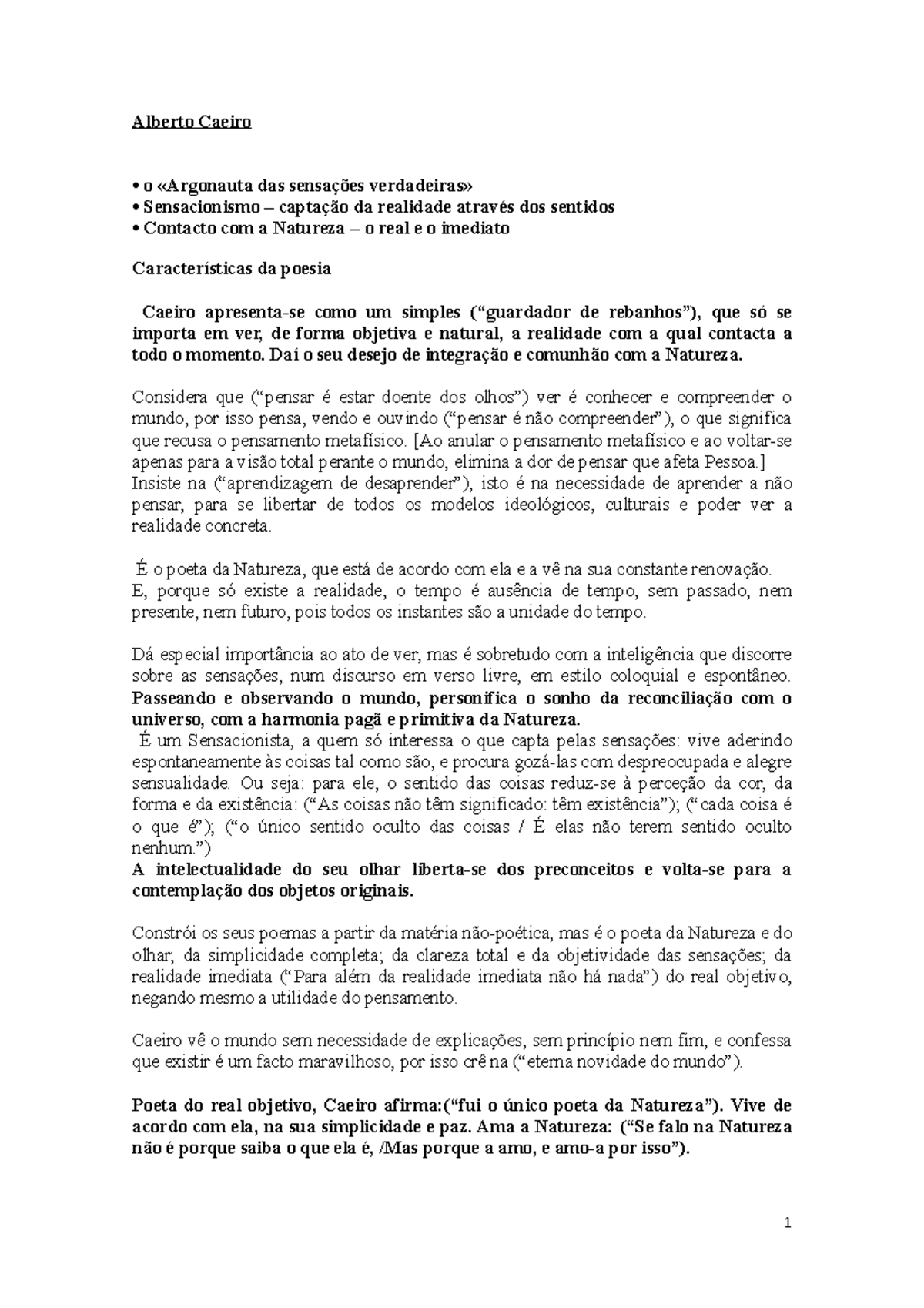 Alberto Caeiro: Resumo e Análise do Heterônimo de Fernando Pessoa - Studocu