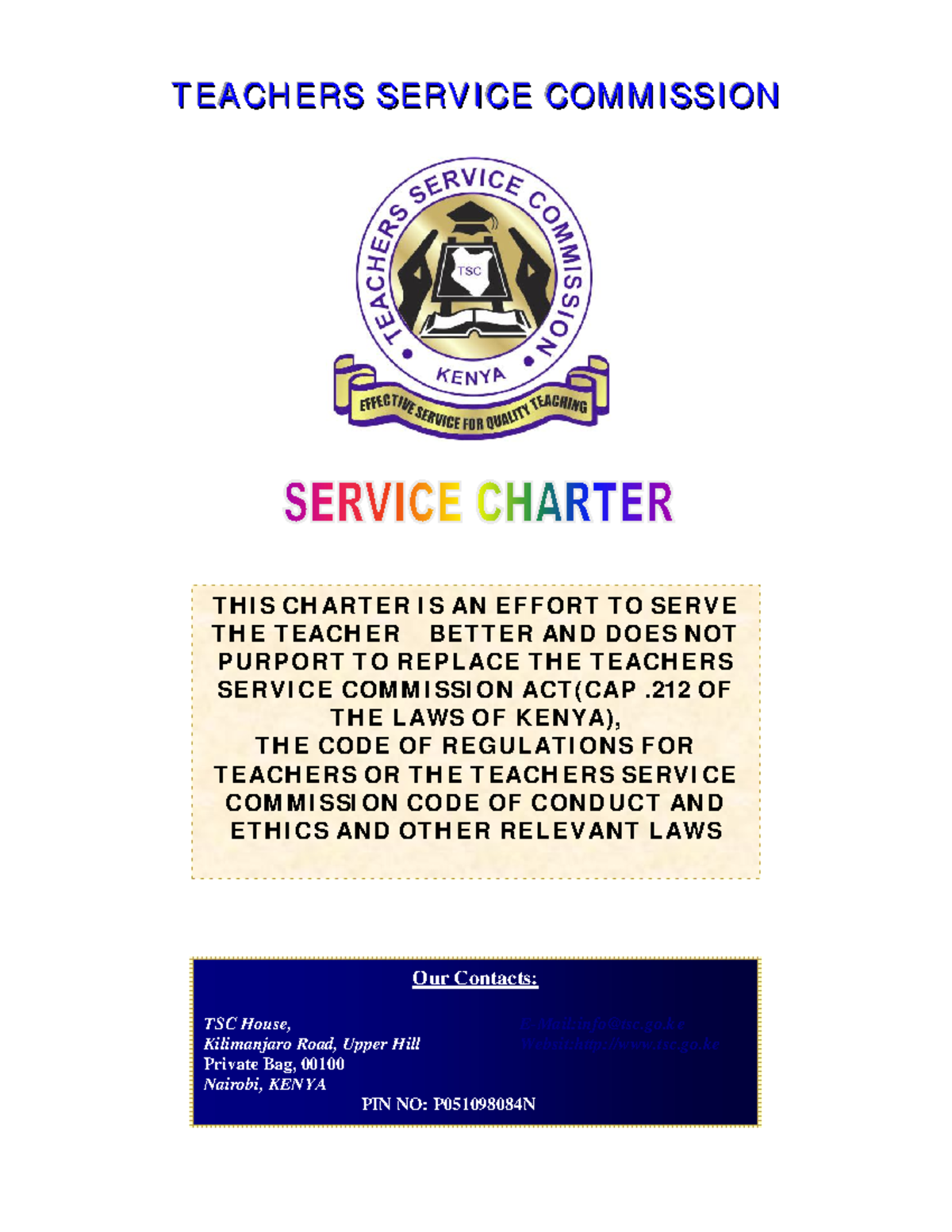 TSC Service Charter: Policy Guidelines for Teacher Management - Studocu