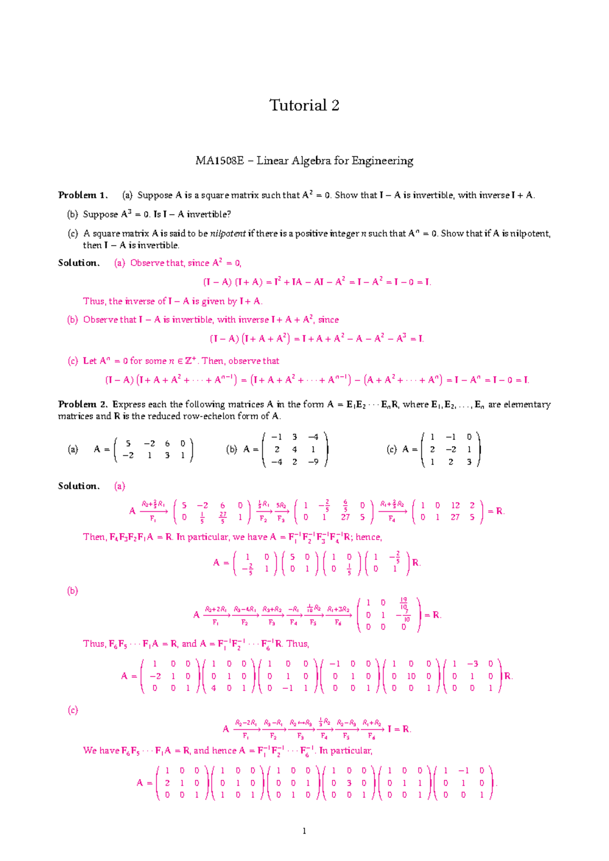 T.2 - Solutions - TUT 2 SOL - Tutorial 2 MA1508E – Linear Algebra for Engineering Problem 1. (a ...