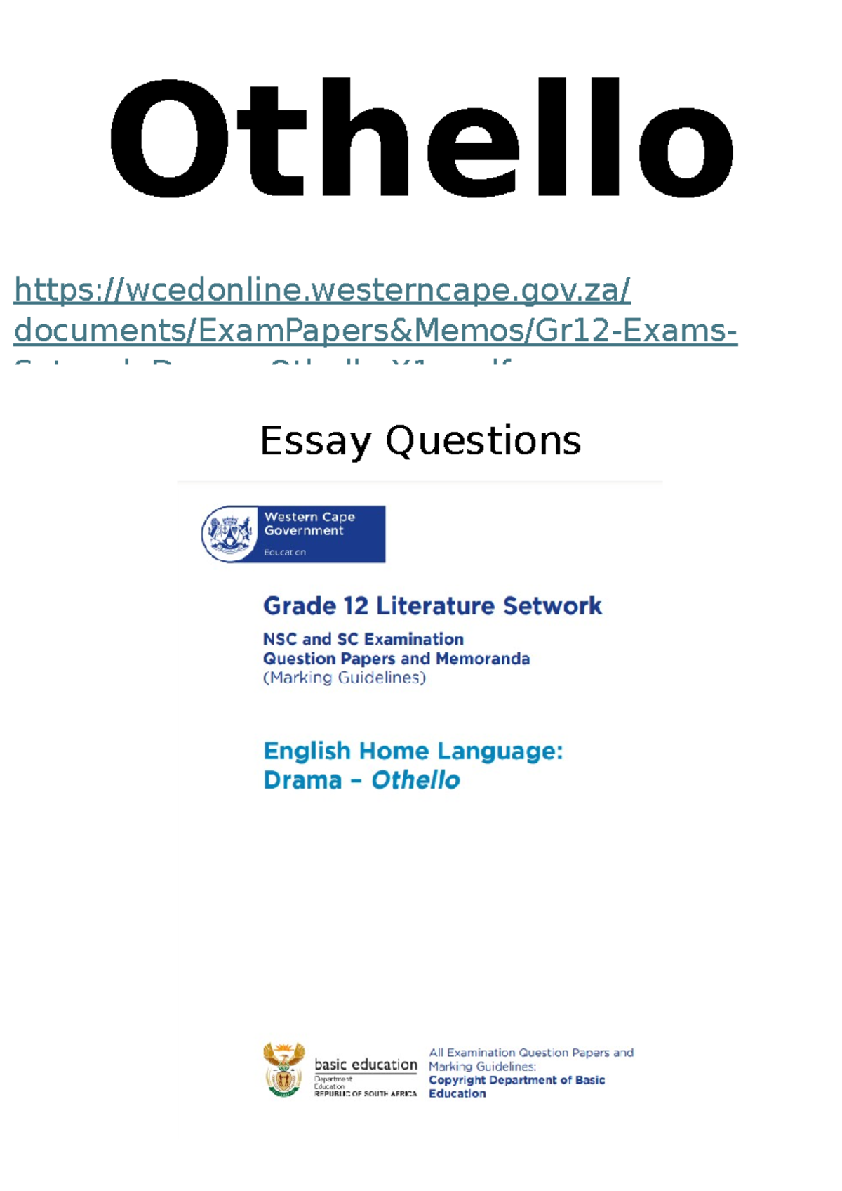 Othello Essay Questions: Exploring Themes of Manipulation and Morality ...