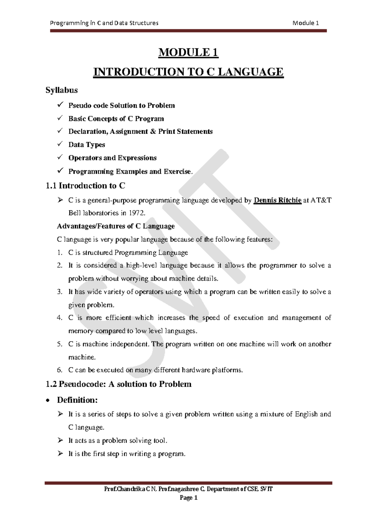 Programming in C and Data Structures (CSE101) - Module 1 Notes - Studocu