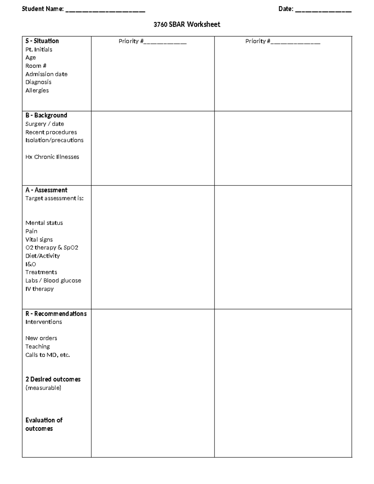 SBAR Worksheet - SBAR sheet - Student Name ...