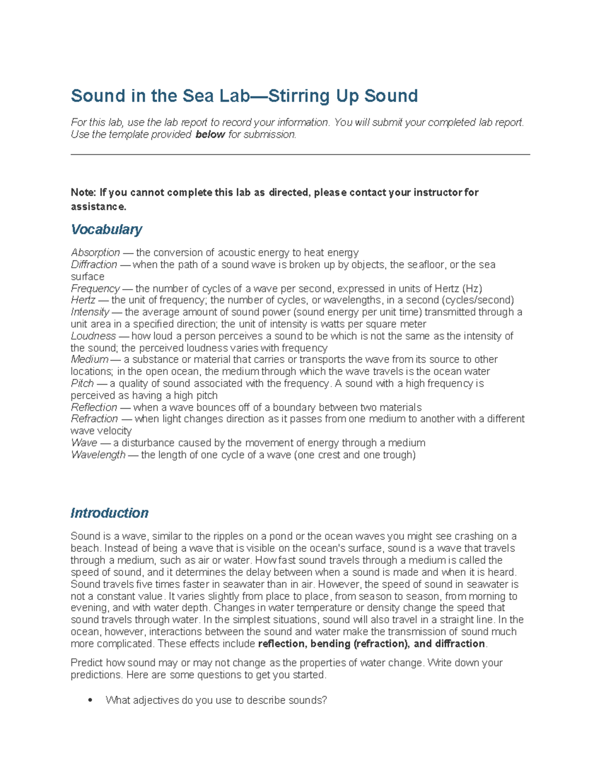 Sound in the Sea Lab (Course Code: SCI100) - Experimenting with ...