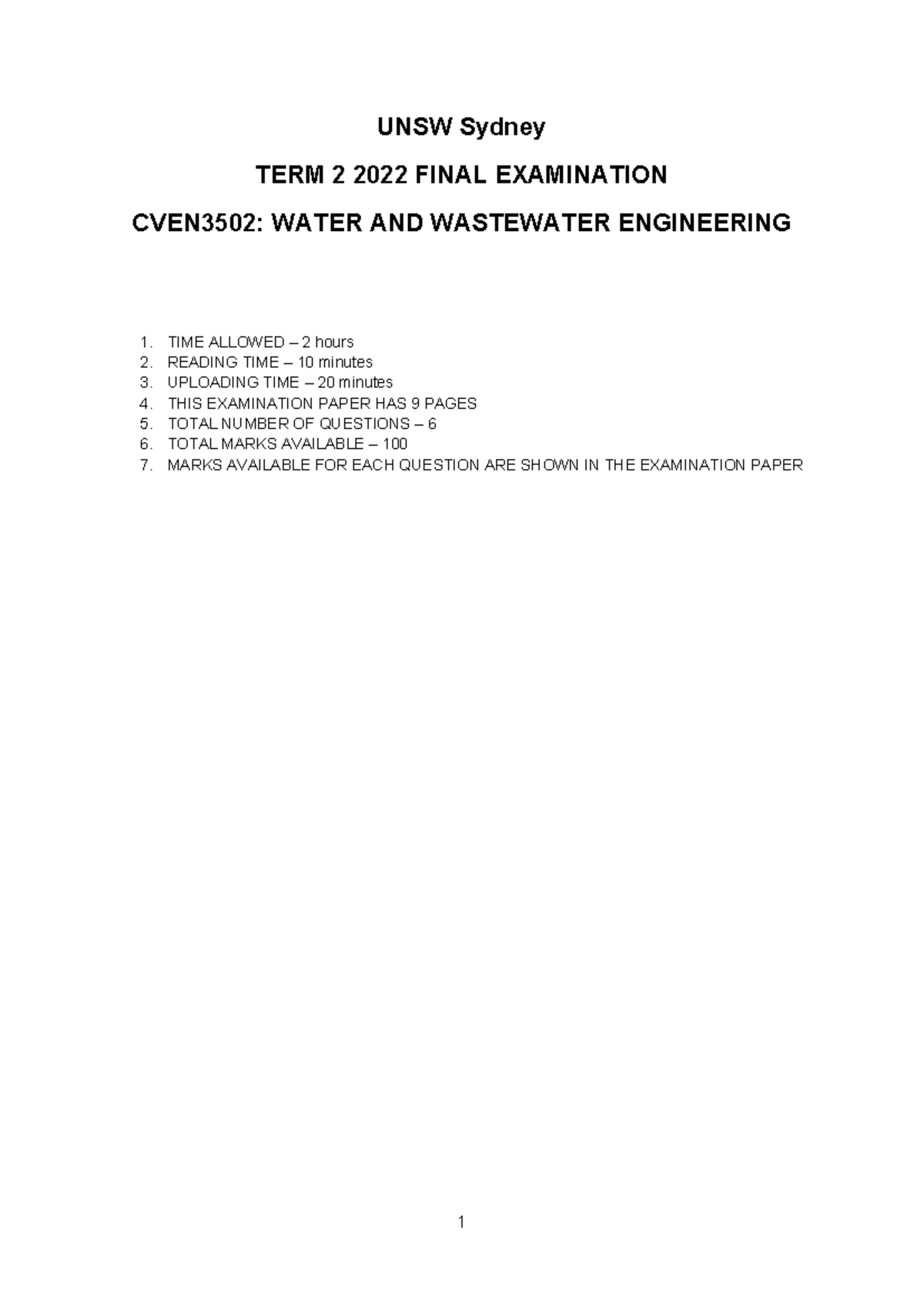 UNSW CVEN3502 Term 2 2022 Final Exam: Water & Wastewater Engineering ...