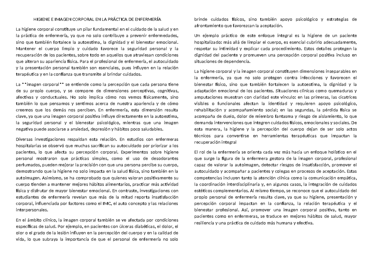 HIGIENE E IMAGEN CORPORAL EN ENFERMERÍA: UN ENFOQUE INTEGRAL - Studocu