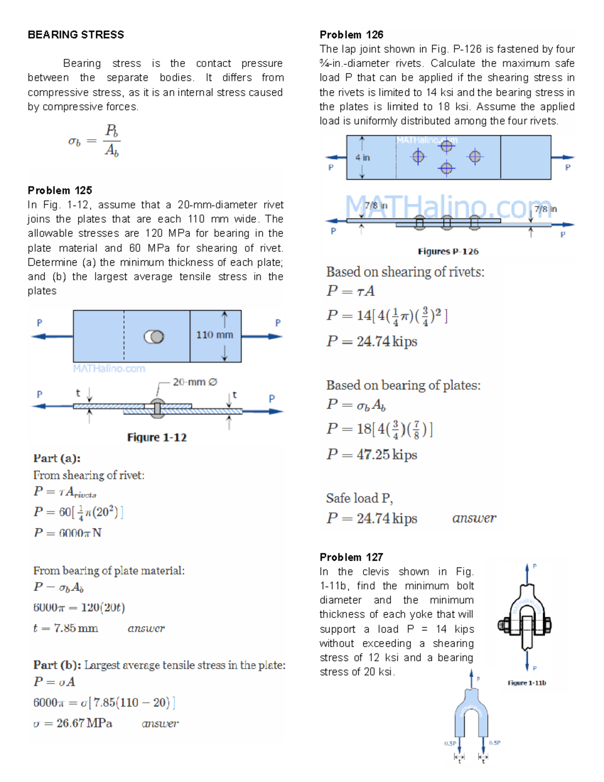 Bearing Stress: Detailed Lecture Notes and Problems Analysis - Studocu
