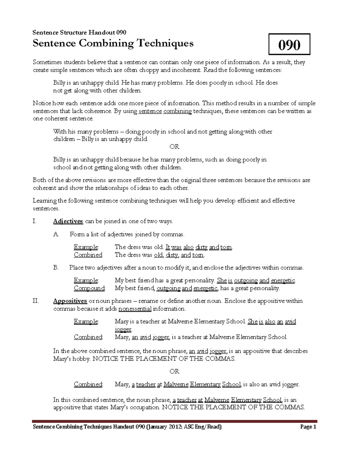 090 Sentence Combining Techniques Handout: Enhancing Sentence Coherence ...