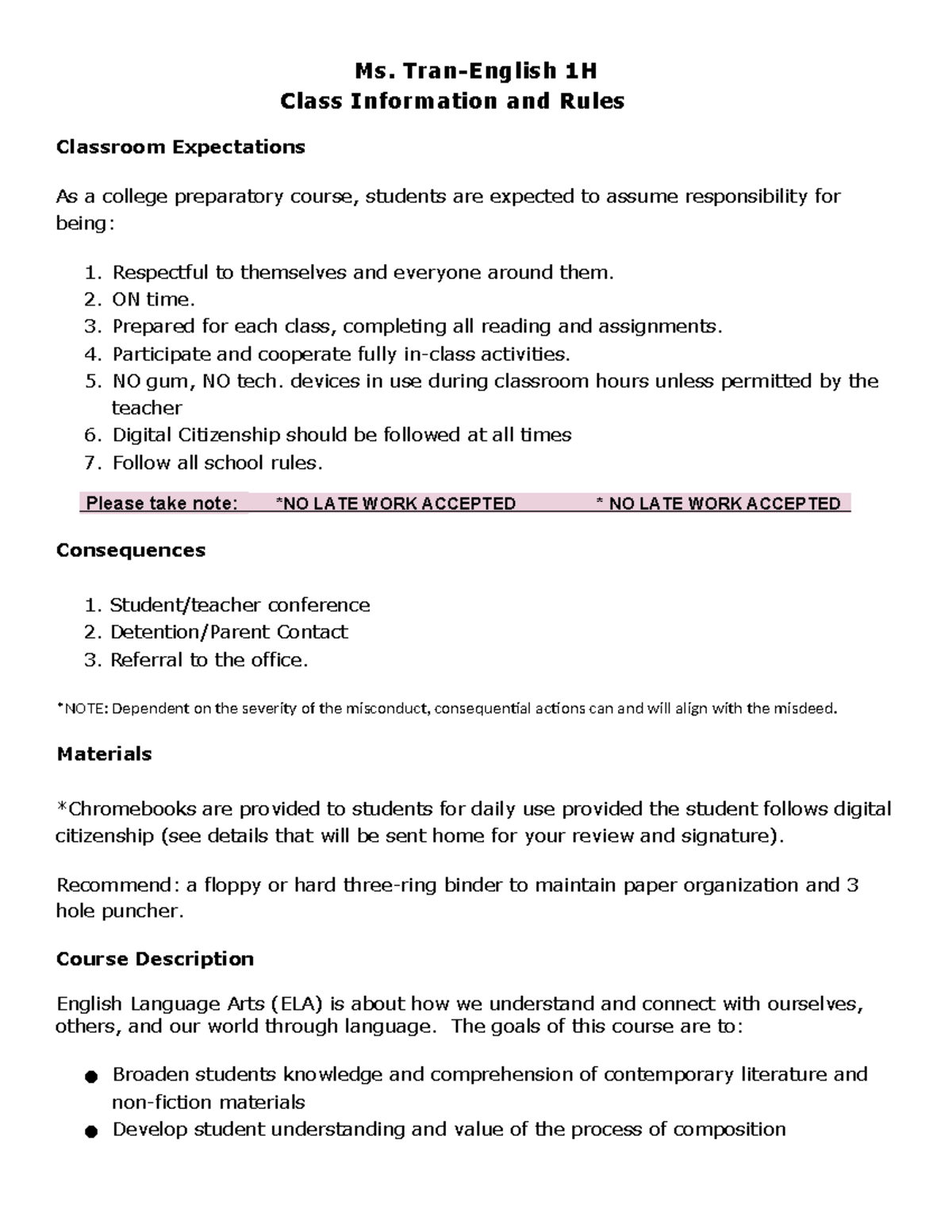 English 1H Syllabus 25-26: Class Info & Expectations - Studocu