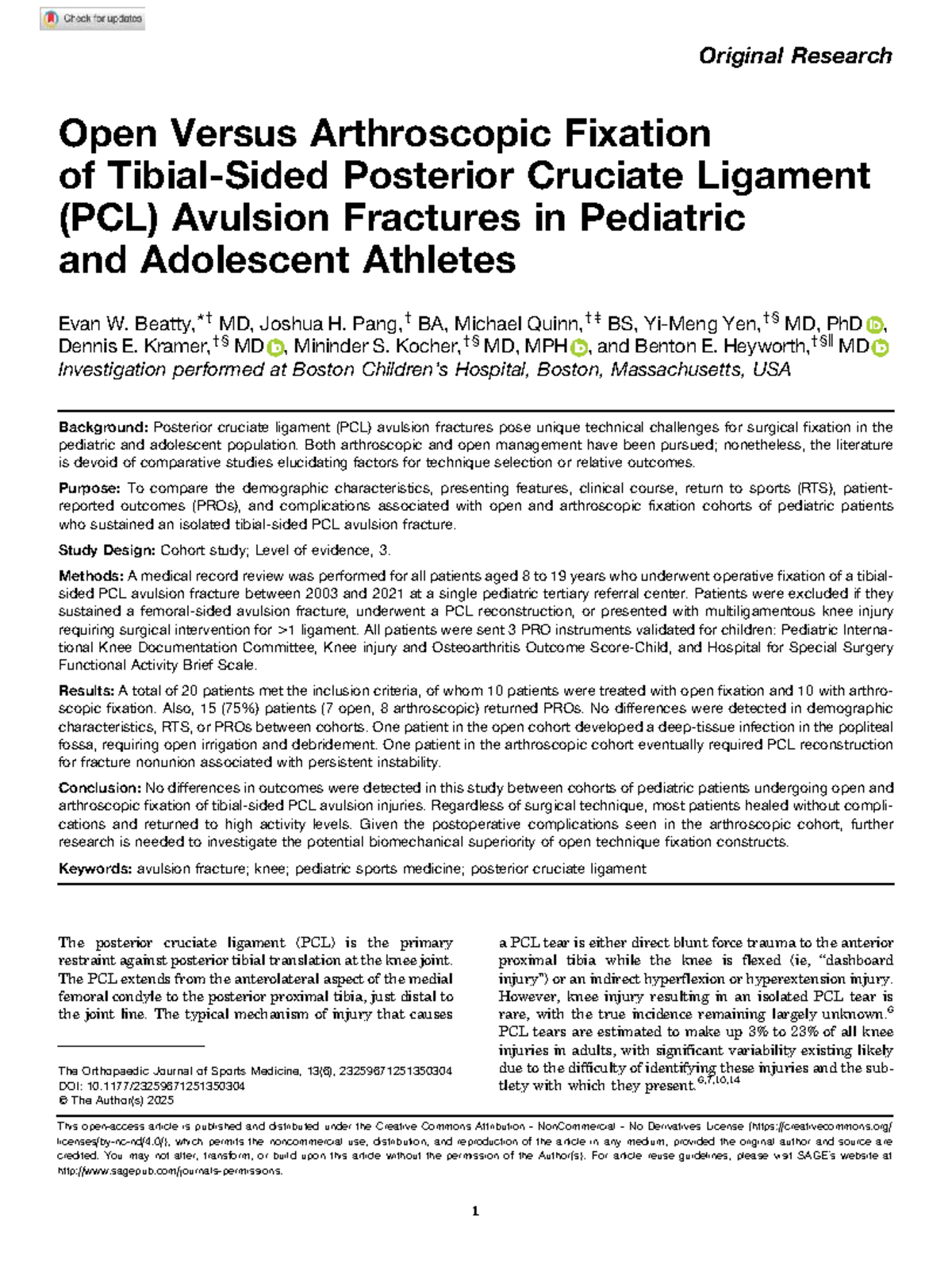 Open vs Arthroscopic Fixation of PCL Avulsion Fractures in Pediatrics ...