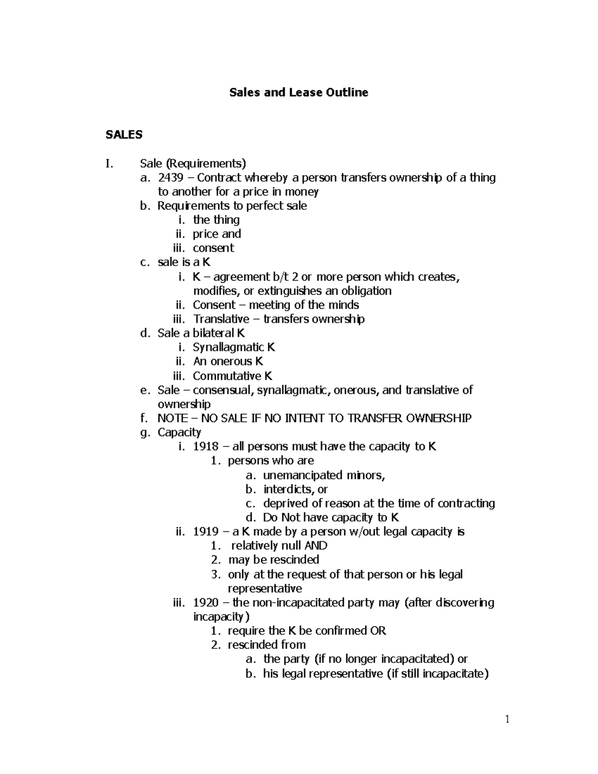 Sales and Lease Outline: Key Concepts in Contract Law (LAW 2439) - Studocu