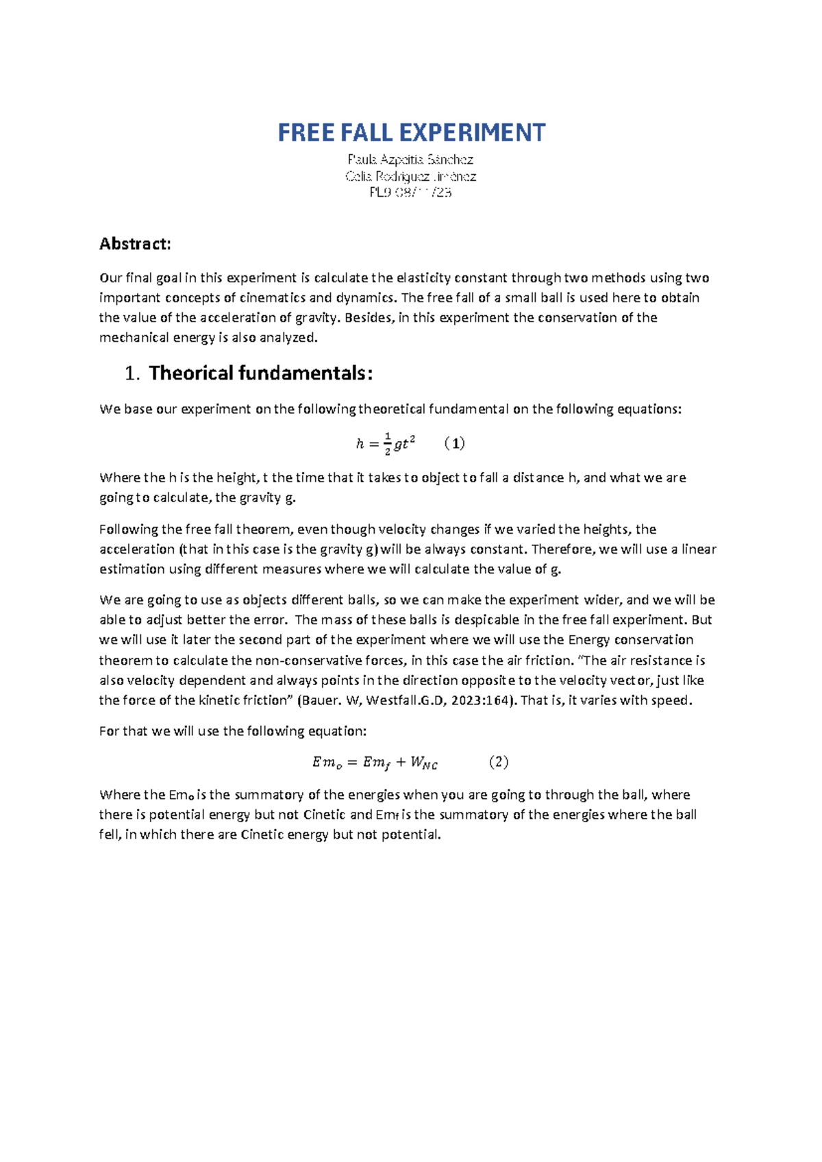 Final Exam PL91: Free Fall Experiment Analysis and Results - Studocu