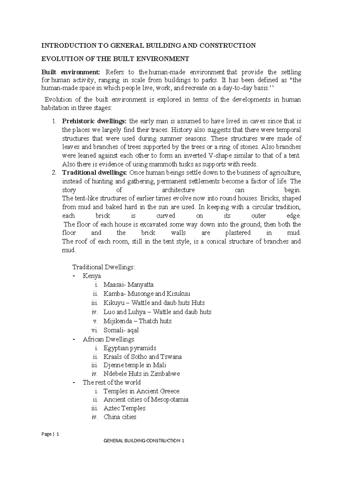Building Technology Notes-1: Evolution of the Built Environment - Studocu