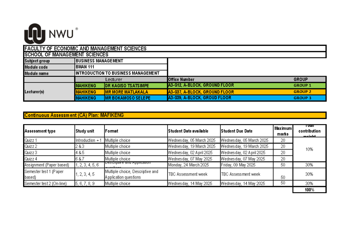 BMAN111 2025 Assessment plan MC 01 - FACULTY OF ECONOMIC AND MANAGEMENT ...