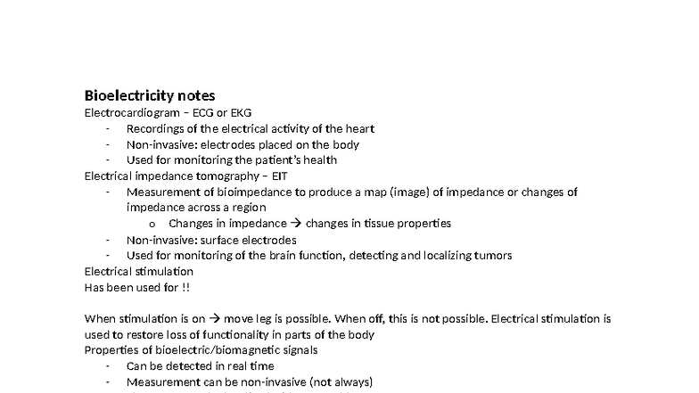 Bioelectricity Notes: ECG, EIT, and Nerve Impulse Mechanisms - Studeersnel