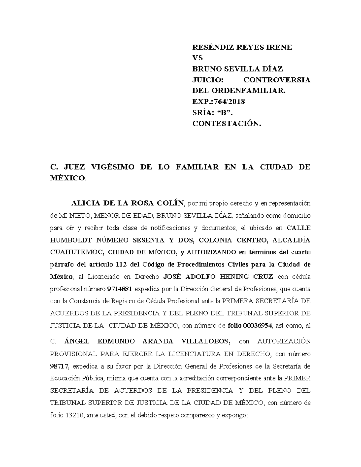 Contestación a la Demanda de Pensión Alimenticia: IRENE RESÉNDIZ REYES ...