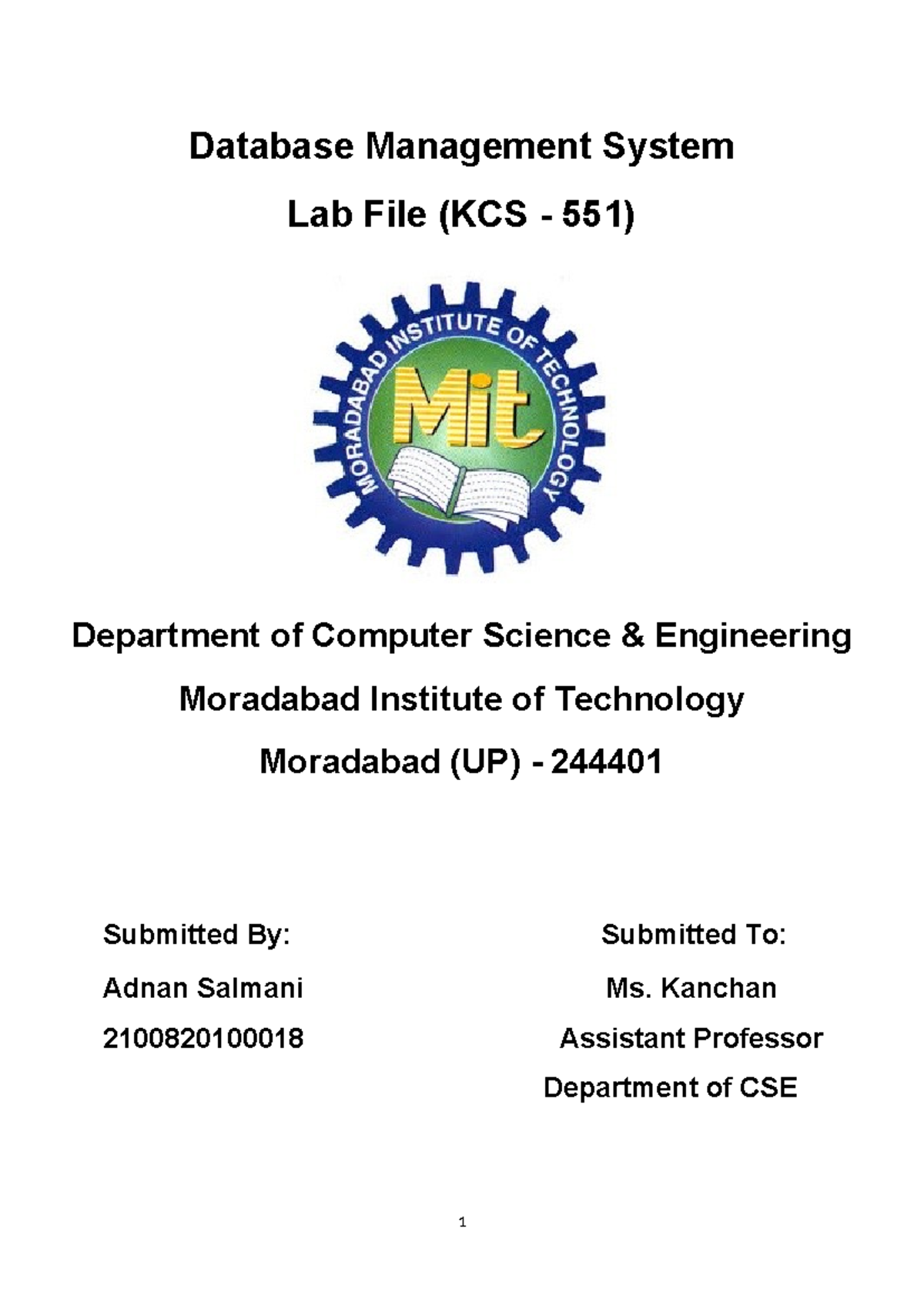 OS File - OS File - B.Tech CSE (2nd Year) - Database Management System Lab File (KCS - 551 ...
