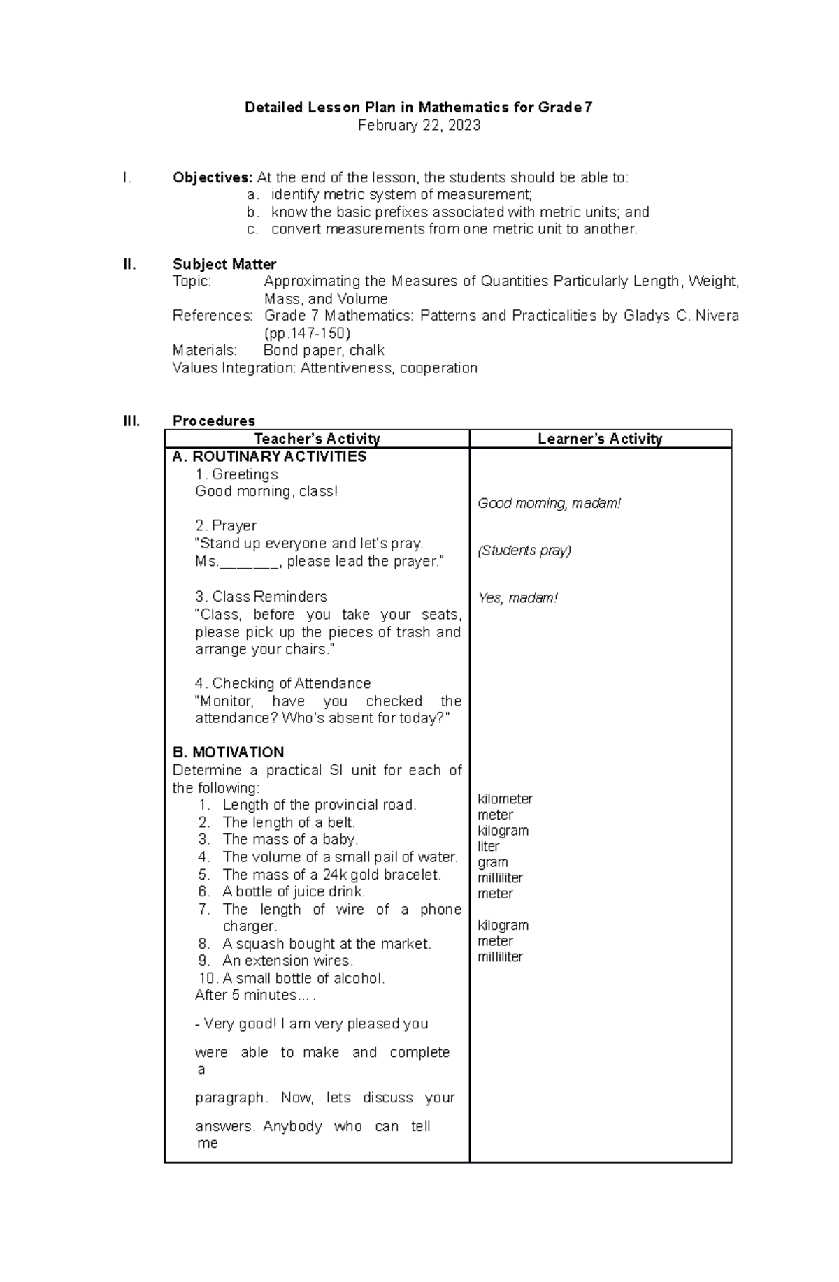 Lesson Plan Math 7 - Measurement - Detailed Lesson Plan in Mathematics ...