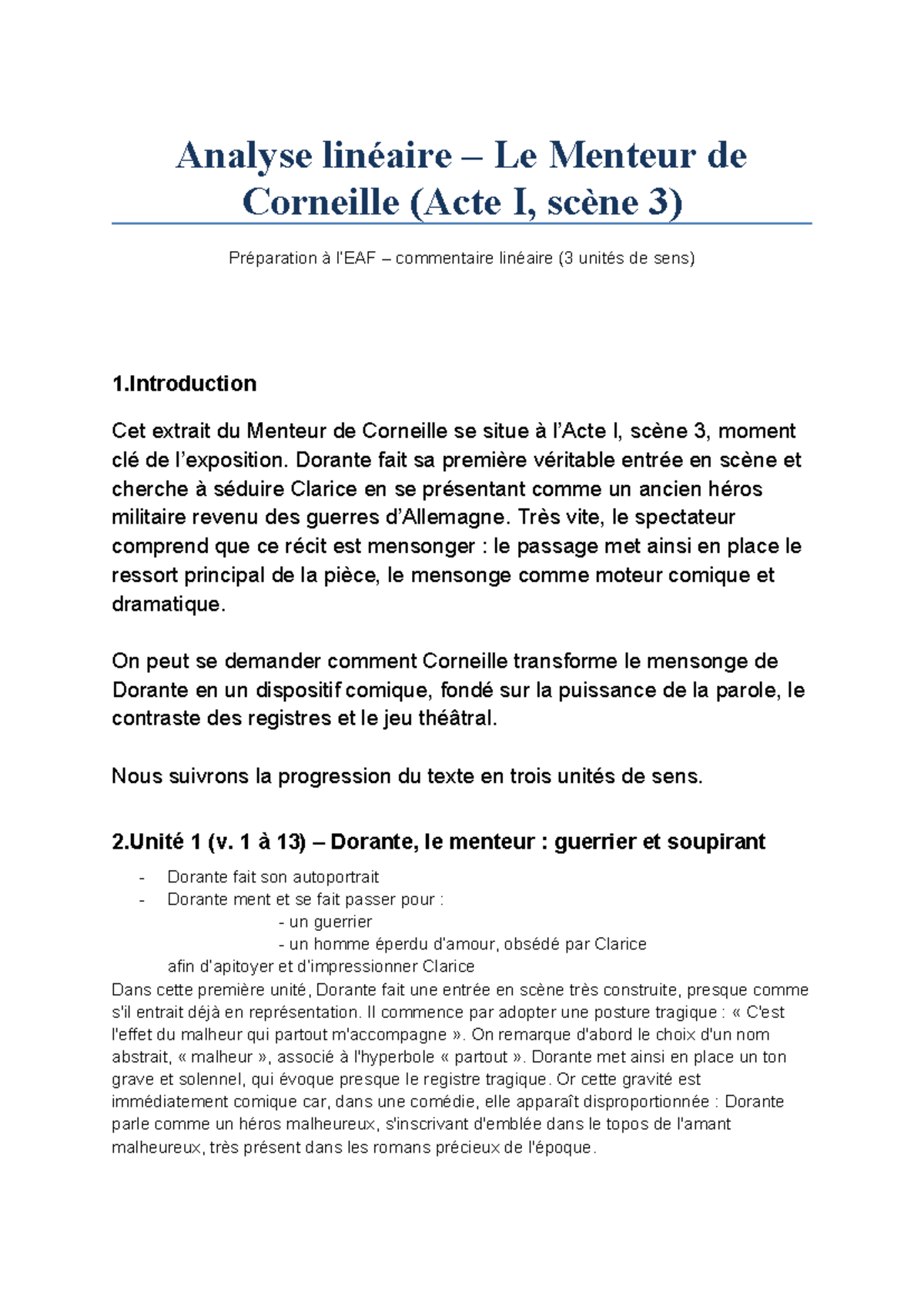 Analyse linéaire Le Menteur de Corneille (Acte I, Scène 3 ...