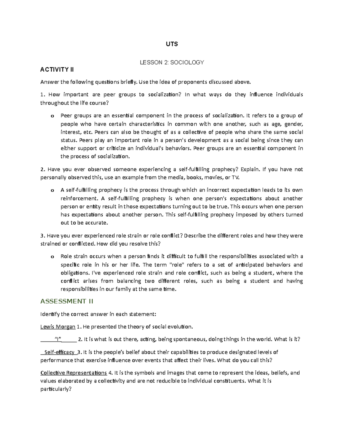 UTS Lesson 2 - Sociology Assessment II Insights - Studocu